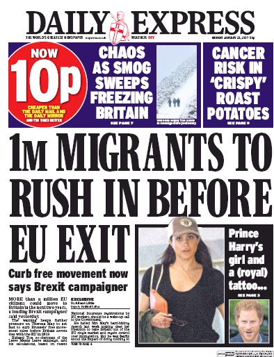 Daily Express (UK) Front Page for 23 January 2017 | Paperboy Online ...