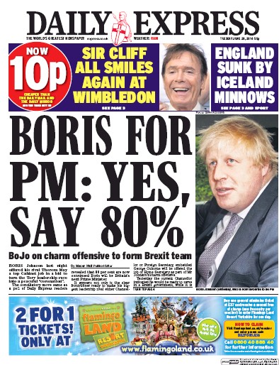 Daily Express (UK) Front Page for 28 June 2016 | Paperboy Online Newspapers
