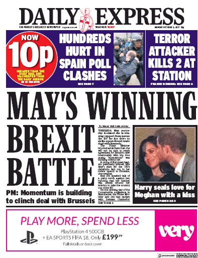 Daily Express (UK) Front Page for 2 October 2017 | Paperboy Online ...