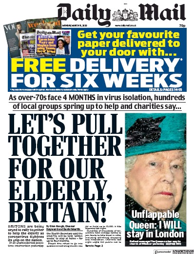 Daily Mail (UK) Front Page for 16 March 2020 | Paperboy Online Newspapers