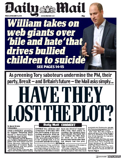 Daily Mail (UK) Front Page for 17 November 2018 | Paperboy Online ...