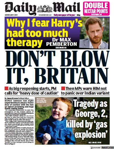 Daily Mail (UK) Front Page for 17 May 2021 | Paperboy Online Newspapers
