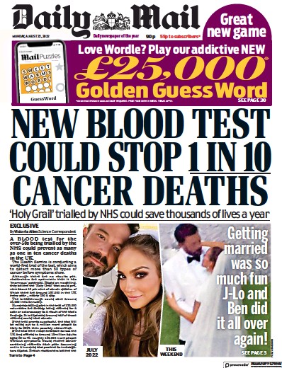 Daily Mail (UK) Front Page for 22 August 2022 | Paperboy Online Newspapers