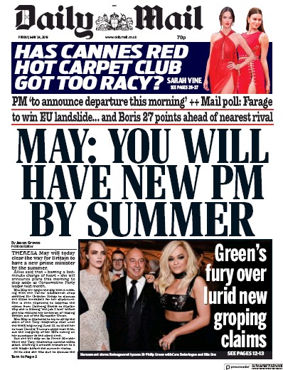Daily Mail (UK) Front Page for 24 May 2019 | Paperboy Online Newspapers