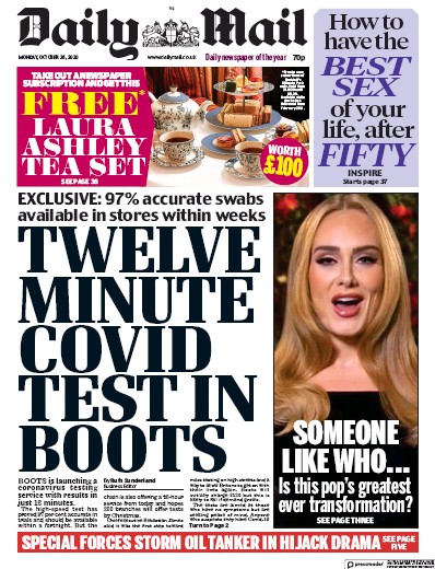 Daily Mail (UK) Front Page for 26 October 2020 | Paperboy Online Newspapers