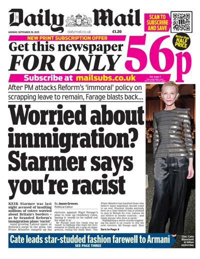 Daily Mail (UK) Front Page for 29 September 2025 | Paperboy Online ...