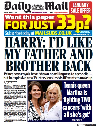Daily Mail (UK) Front Page for 3 January 2023 | Paperboy Online Newspapers
