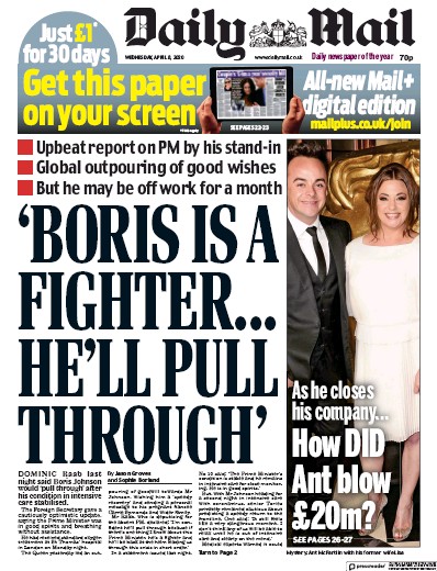 Daily Mail (UK) Front Page for 8 April 2020 | Paperboy Online Newspapers