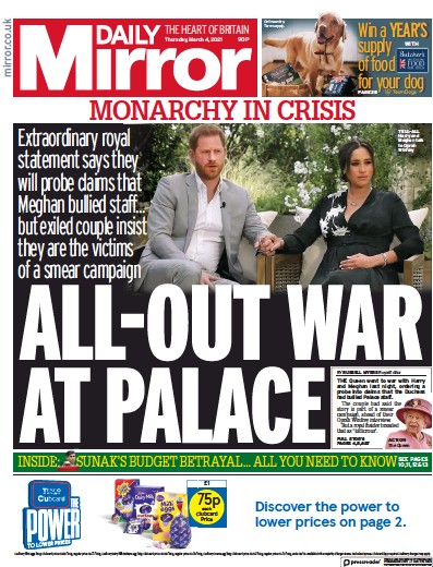 Daily Mirror (UK) Front Page for 4 March 2021 | Paperboy Online Newspapers