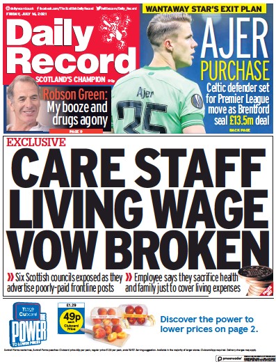 Daily Record (UK) Front Page for 16 July 2021 | Paperboy Online Newspapers