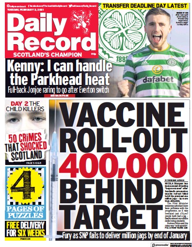 Daily Record (UK) Front Page for 2 February 2021 | Paperboy Online ...