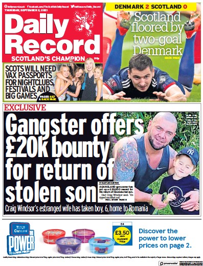 Daily Record (UK) Front Page for 2 September 2021 | Paperboy Online ...