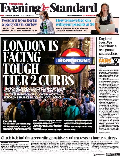 London Evening Standard (UK) Front Page for 13 October 2020 | Paperboy ...