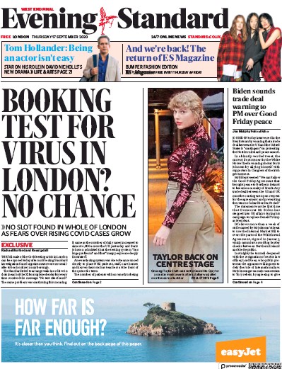 London Evening Standard (UK) Front Page for 18 September 2020 ...