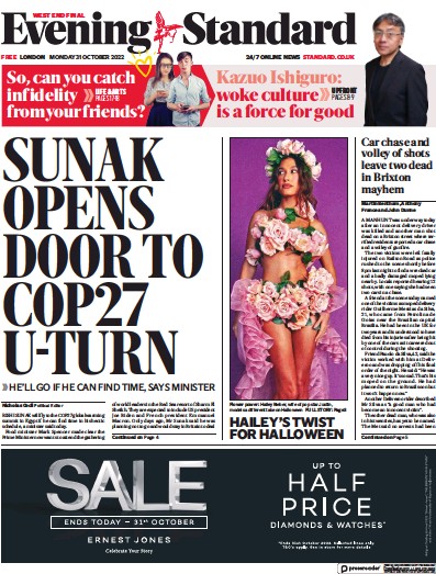 London Evening Standard (UK) Front Page for 1 November 2022 | Paperboy Online Newspapers