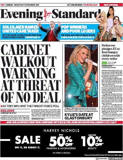 London Evening Standard (UK) Front Page for 20 December 2018 | Paperboy ...