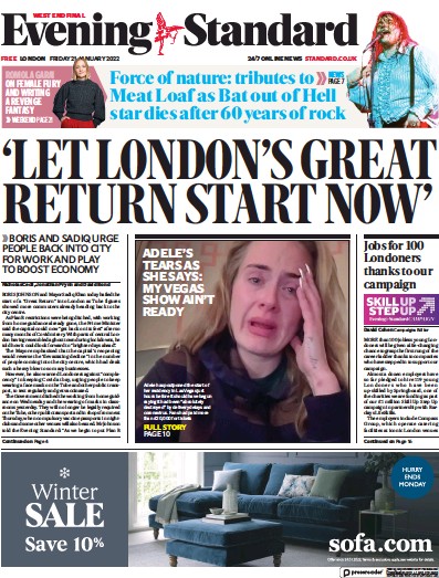 London Evening Standard (UK) Front Page for 24 January 2022 | Paperboy ...