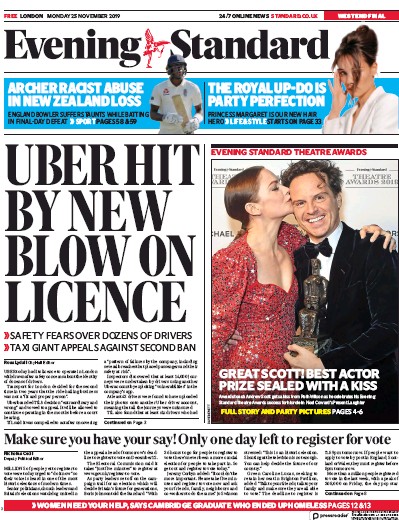 London Evening Standard (UK) Front Page for 26 November 2019 | Paperboy ...