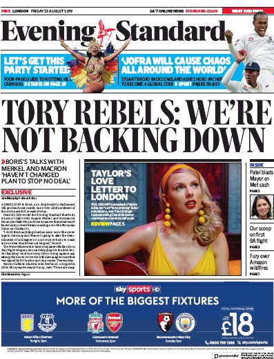 London Evening Standard (UK) Front Page for 27 August 2019 | Paperboy ...
