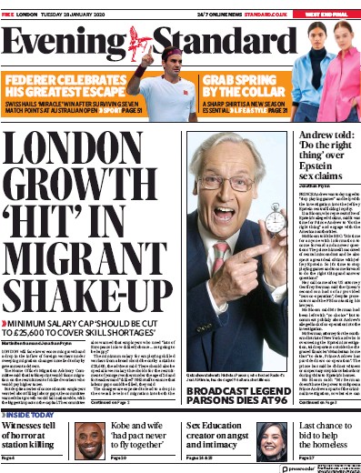London Evening Standard (UK) Front Page for 29 January 2020 | Paperboy ...