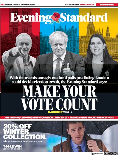 London Evening Standard (UK) Front Page for 6 November 2019 | Paperboy ...