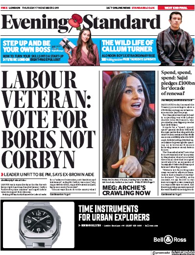London Evening Standard (UK) Front Page for 8 November 2019 | Paperboy ...
