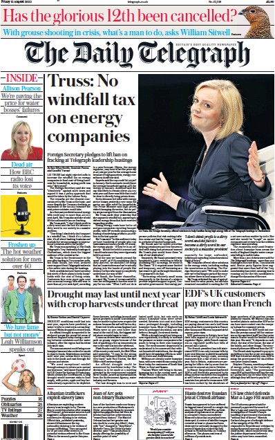 The Daily Telegraph (UK) Front Page for 12 August 2022 | Paperboy ...
