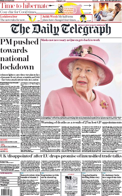 The Daily Telegraph (UK) Front Page for 16 October 2020 | Paperboy ...