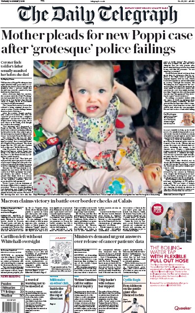 The Daily Telegraph (UK) Front Page for 18 January 2018 | Paperboy ...