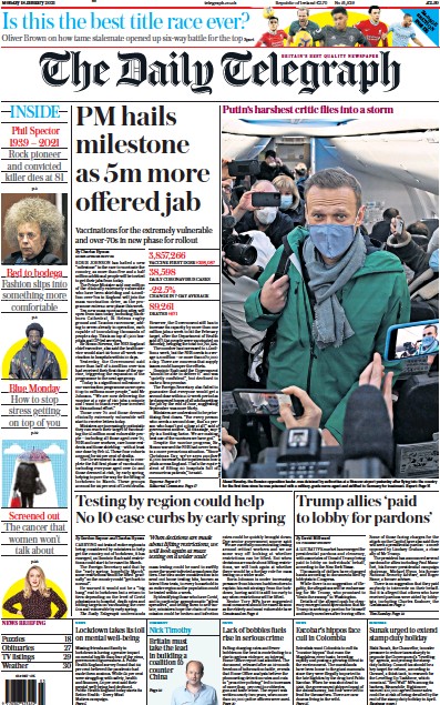 The Daily Telegraph (UK) Front Page for 18 January 2021 | Paperboy ...