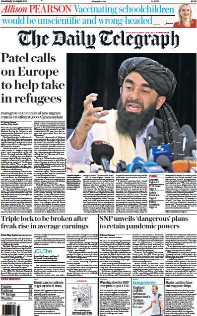 The Daily Telegraph (UK) Front Page for 18 August 2021 | Paperboy ...