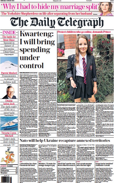 The Daily Telegraph (UK) Front Page for 1 October 2022 | Paperboy ...
