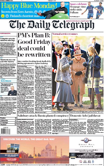 The Daily Telegraph (UK) Front Page for 22 January 2019 | Paperboy ...