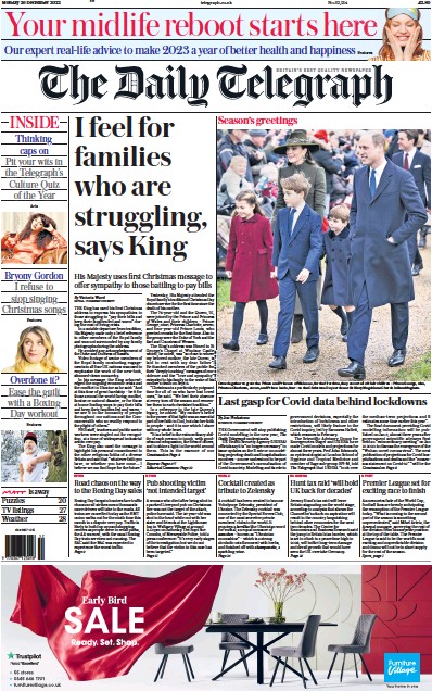 The Daily Telegraph (UK) Front Page for 26 December 2022 | Paperboy ...