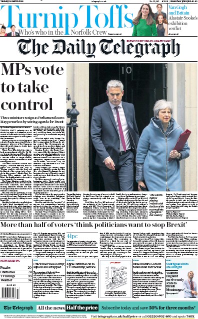 The Daily Telegraph (UK) Front Page for 26 March 2019 | Paperboy Online ...
