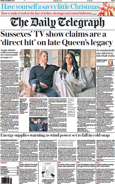 The Daily Telegraph (UK) Front Page for 9 December 2022 | Paperboy ...