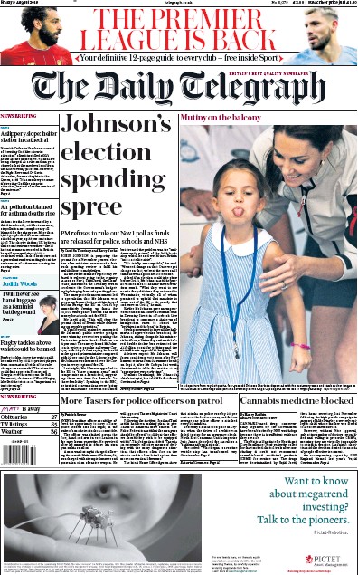The Daily Telegraph (UK) Front Page for 9 August 2019 | Paperboy Online ...