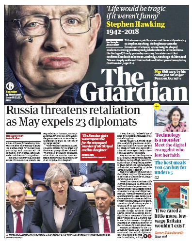 The Guardian (UK) Front Page for 15 March 2018 | Paperboy Online Newspapers