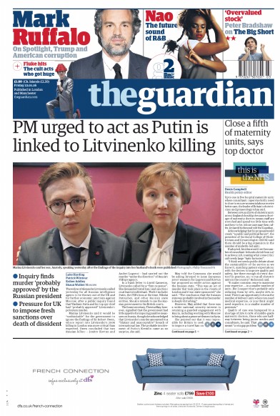 The Guardian (UK) Front Page for 23 January 2016 | Paperboy Online ...