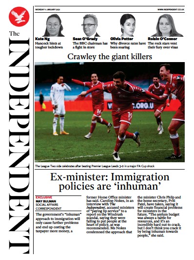 The Independent (UK) Front Page for 11 January 2021 | Paperboy Online ...