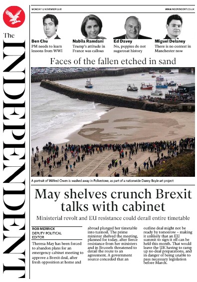 The Independent (UK) Front Page for 12 November 2018 | Paperboy Online ...