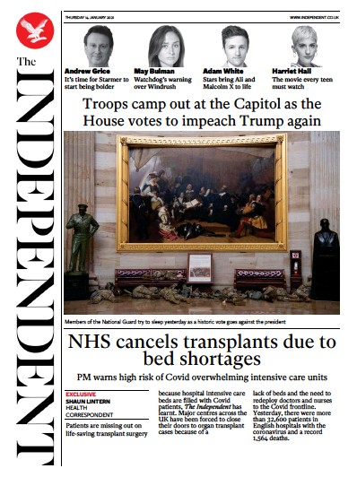 The Independent (UK) Front Page for 14 January 2021 | Paperboy Online ...
