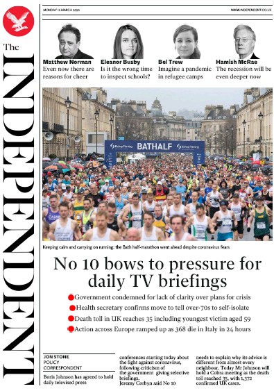 The Independent (UK) Front Page for 16 March 2020 | Paperboy Online ...