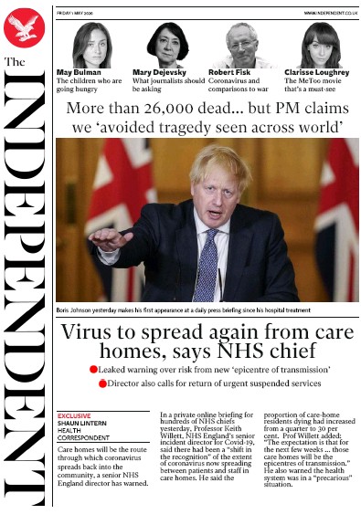 The Independent (UK) Front Page for 1 May 2020 | Paperboy Online Newspapers
