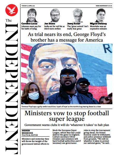 The Independent (UK) Front Page for 21 April 2021 | Paperboy Online ...
