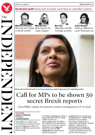 The Independent (UK) Front Page for 23 October 2017 | Paperboy Online ...