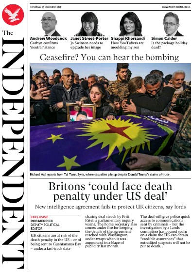 The Independent (UK) Front Page for 23 November 2019 | Paperboy Online ...