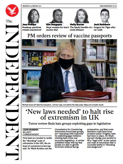 The Independent (UK) Front Page for 24 February 2021 | Paperboy Online ...