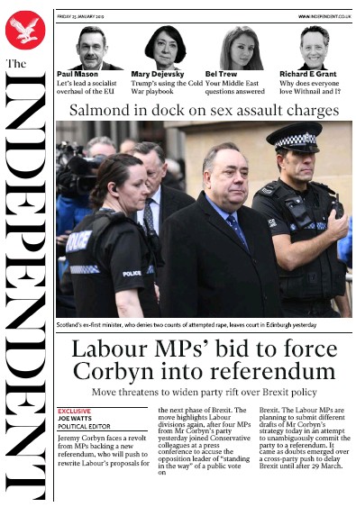 The Independent (UK) Front Page for 26 January 2019 | Paperboy Online ...