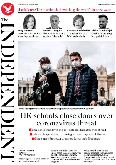 The Independent (UK) Front Page for 26 February 2020 | Paperboy Online ...